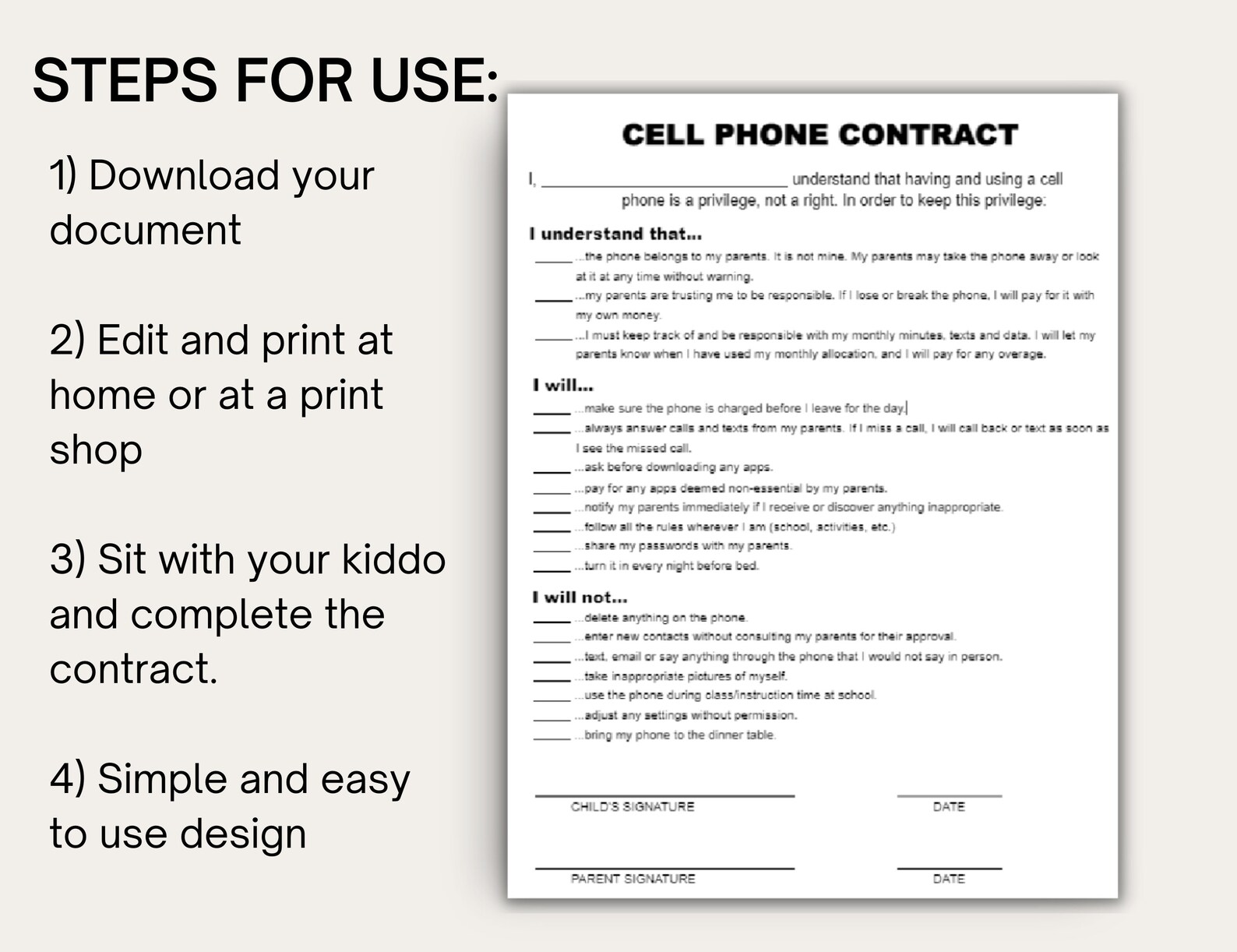 Editable Teen/kids Phone Contract, Cell Phone Contract Template, Cell ...