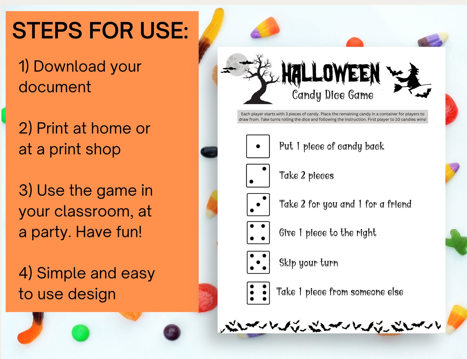 Candy Dice Game, Kids Halloween Dice Game, Printable Dice Game ...