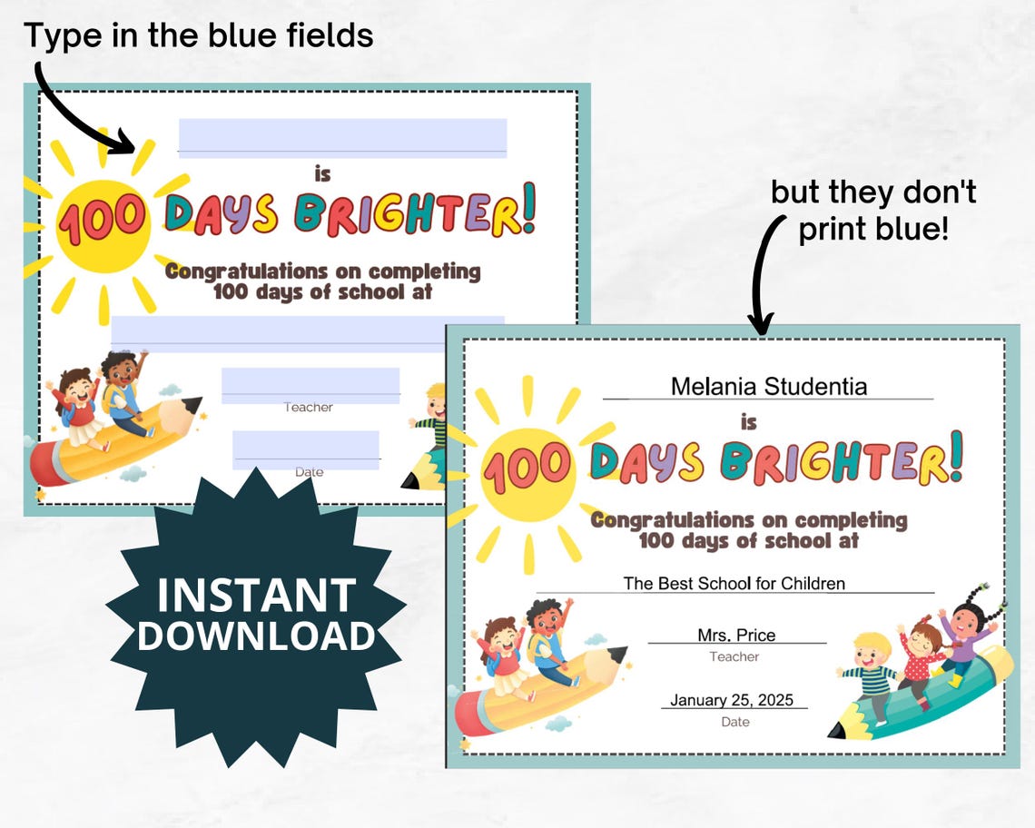 100th Day of School Certificate, 100 Days of School Kids Completion ...