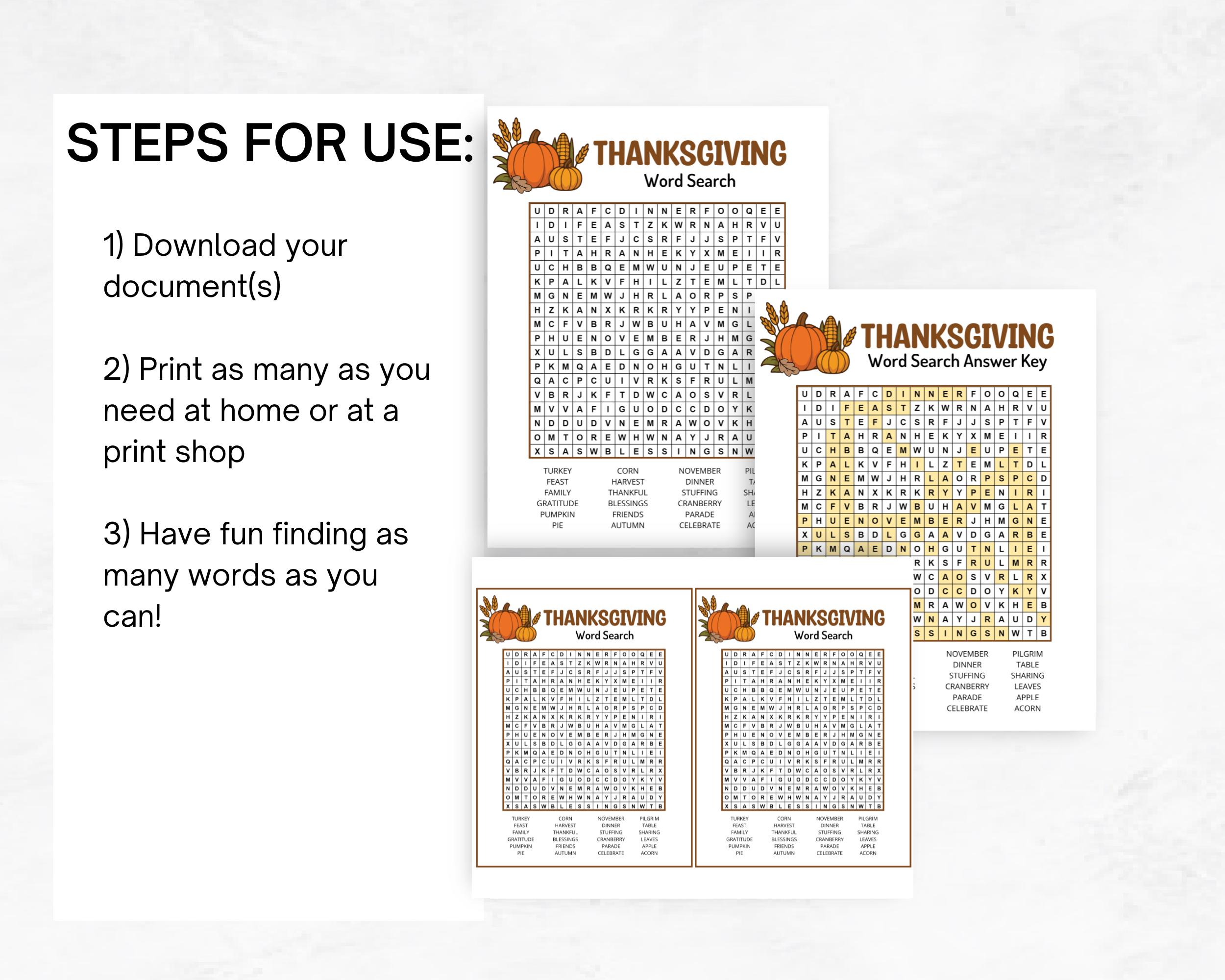 Thanksgiving Printable Word Search, Kids Activity Page, Classroom ...