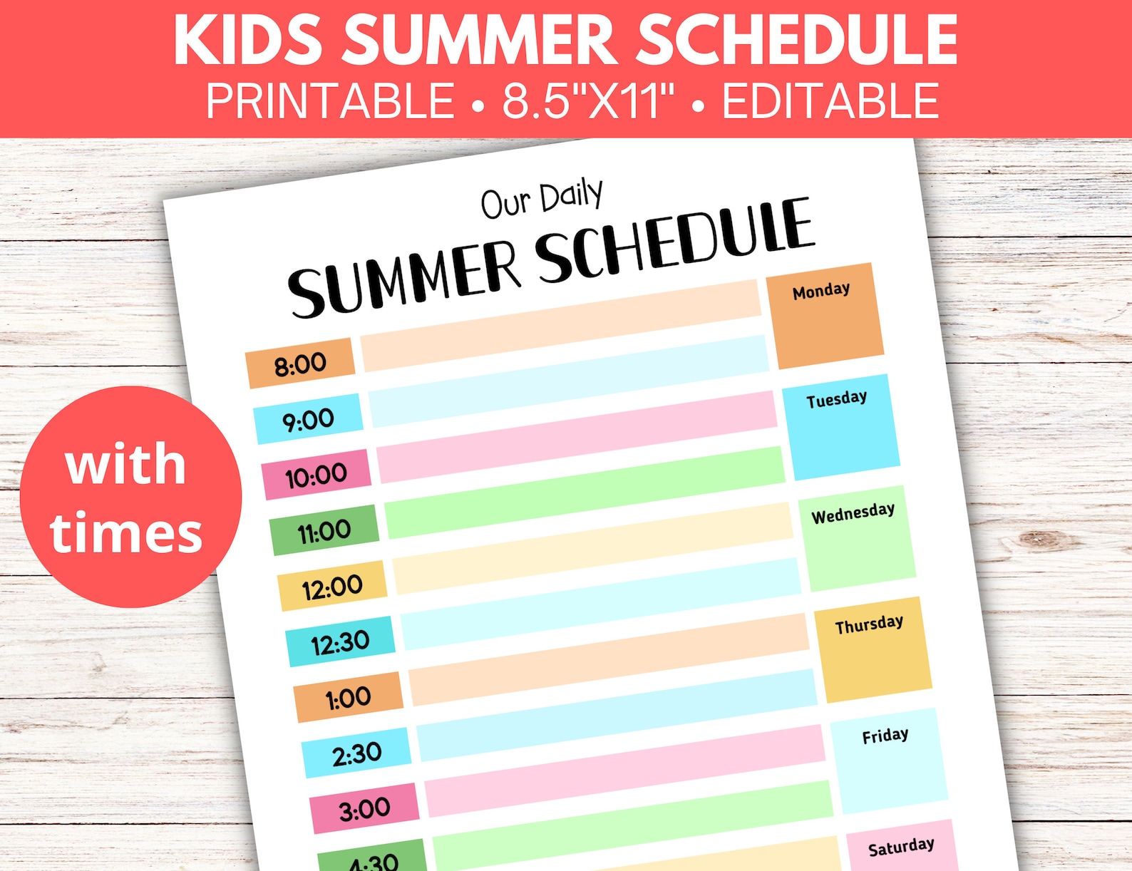 Kids Summer Schedule Template, Editable Kids Routine Chart, Fillable ...