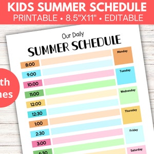 Kids Summer Schedule Template, Editable Kids Routine Chart, Fillable ...