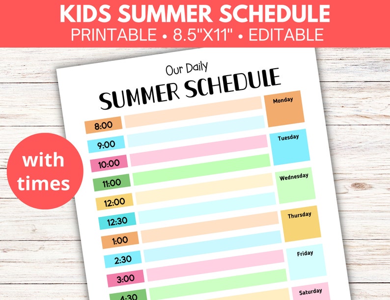 Kids Summer Schedule Template, Editable Kids Routine Chart, Fillable ...
