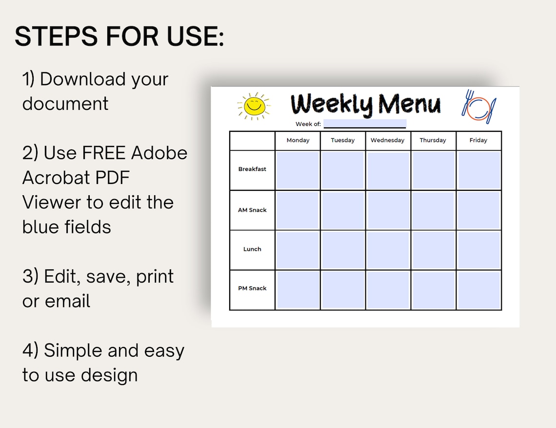 Weekly Menu Template for Daycare, Home Daycare Meal Planning Form ...