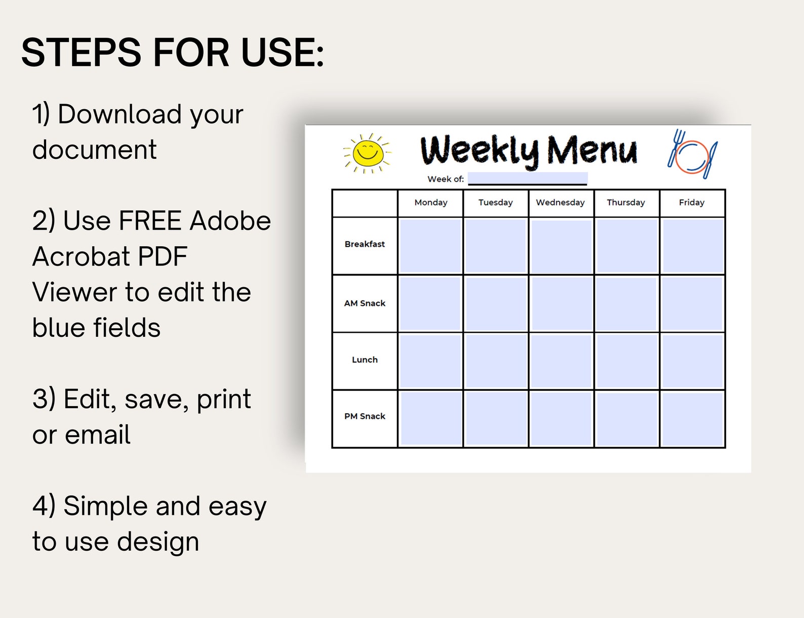 Weekly Menu Template for Daycare, Home Daycare Meal Planning Form ...