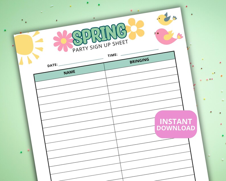 Spring Party Sign up Sheet, Potluck Sign Up, Printable Kids Snack Sign ...