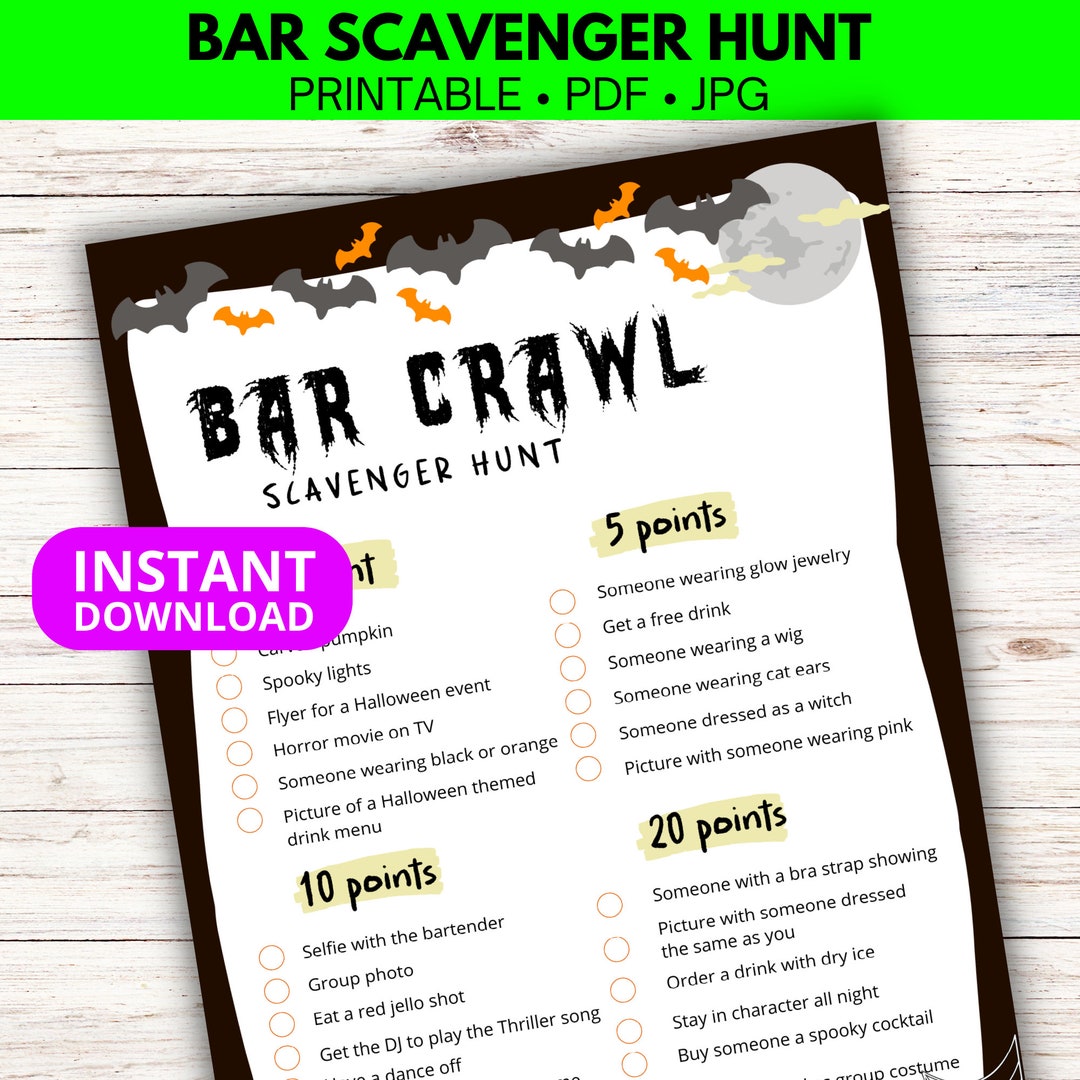 Halloween Bar Crawl Bingo Printable, Halloween Party Scavenger Hunt ...