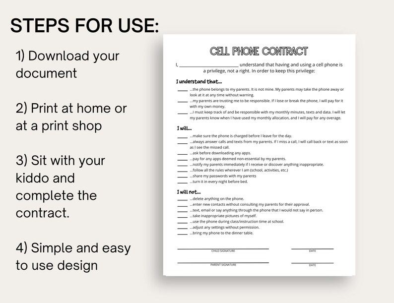 Phone Contract Printable, Kids Teens Cell Phone Contract PDF, Cell ...