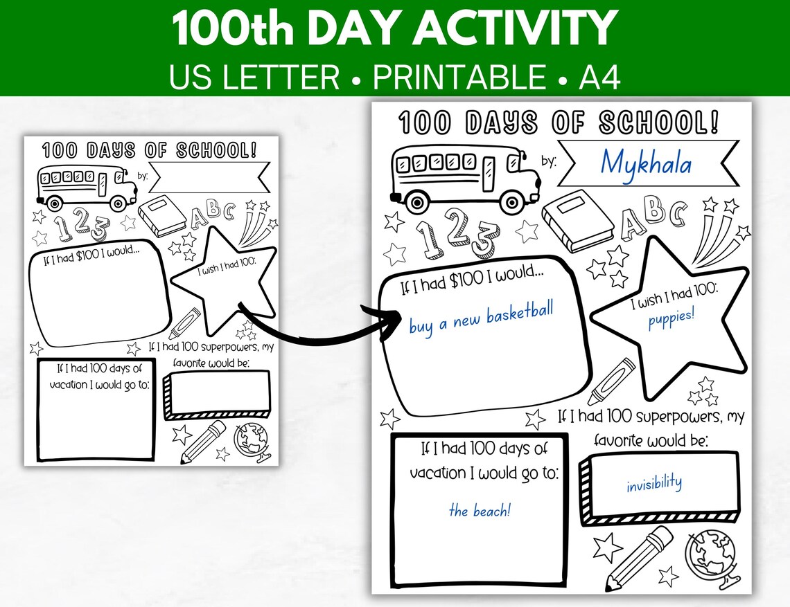 100 Days of School Interview Printable, 100th Day Worksheet, Kids ...