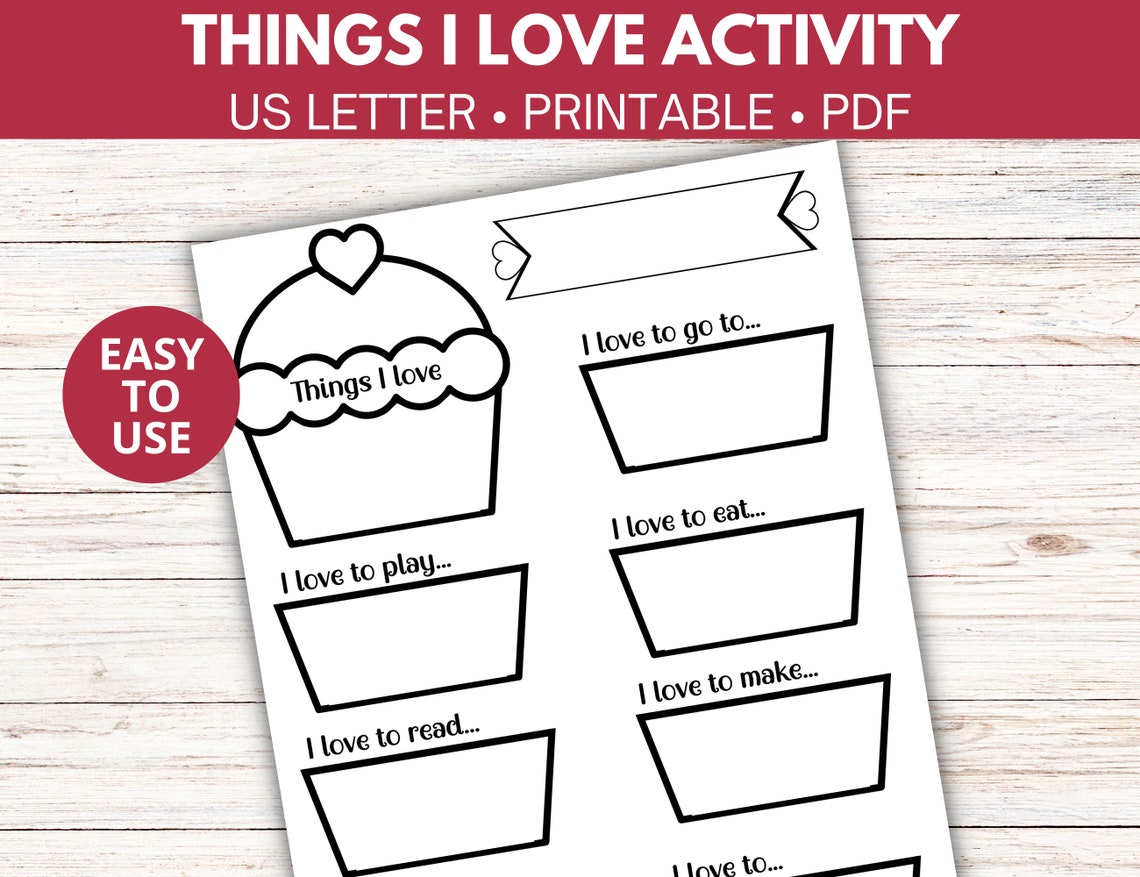 Things I Love Kids Printable Activity, Valentine's Activity for Kids ...