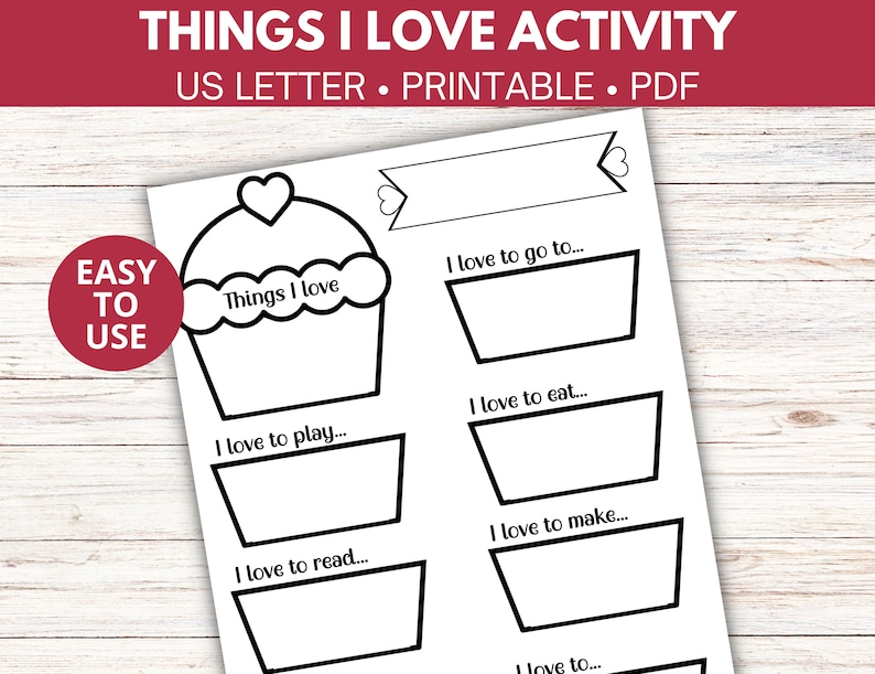 Things I Love Kids Printable Activity, Valentine's Activity for Kids ...