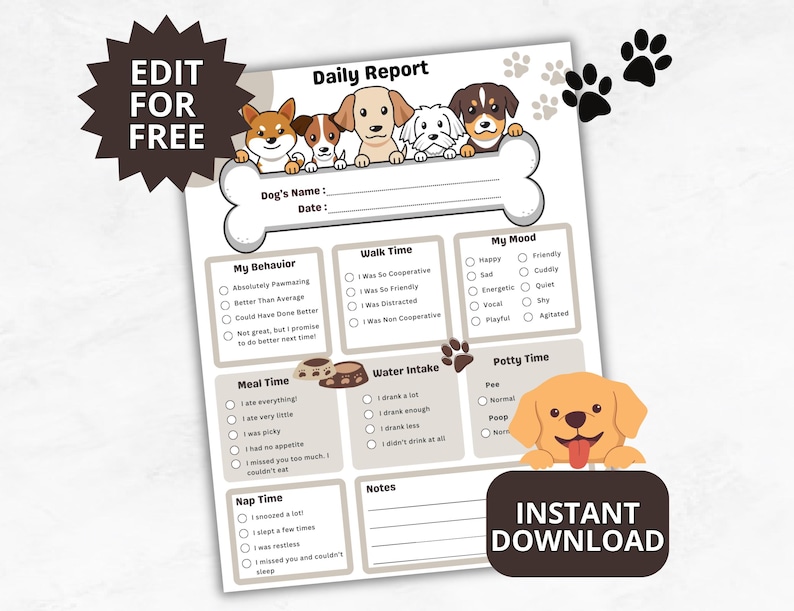 Editable Dog Report Card Template, Pet Sitter Daily Log, Doggy Daycare ...