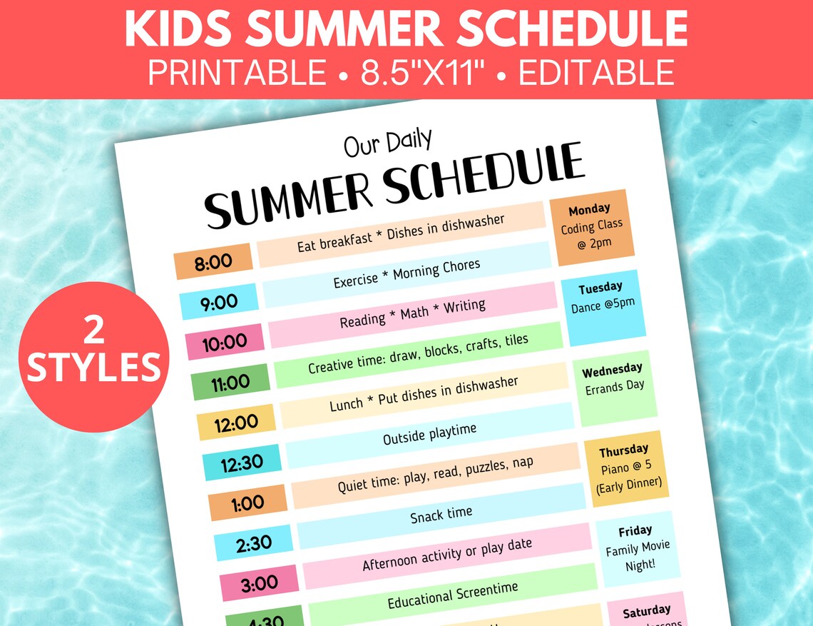 Kids Summer Schedule Template, Editable Kids Routine Chart, Fillable ...