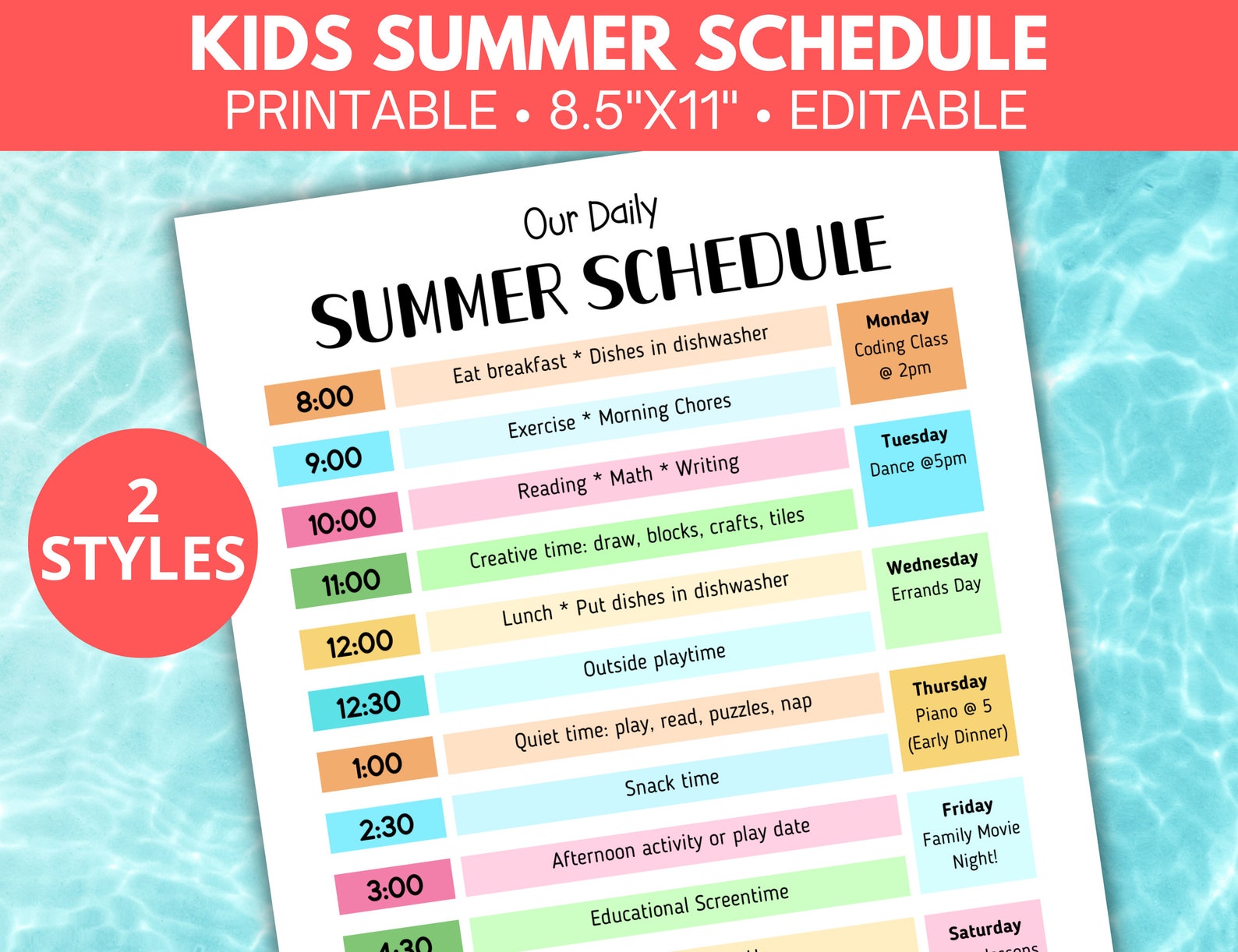 Kids Summer Schedule Template, Editable Kids Routine Chart, Fillable ...