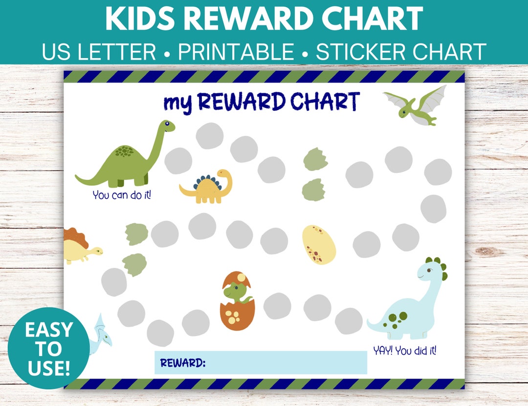 Dinosaur Kids Reward Chart, Reading Reward Chart, Sticker Chart, Dino ...