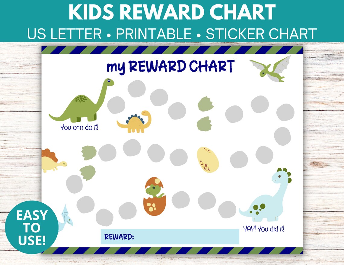 Dinosaur Kids Reward Chart, Reading Reward Chart, Sticker Chart, Dino ...