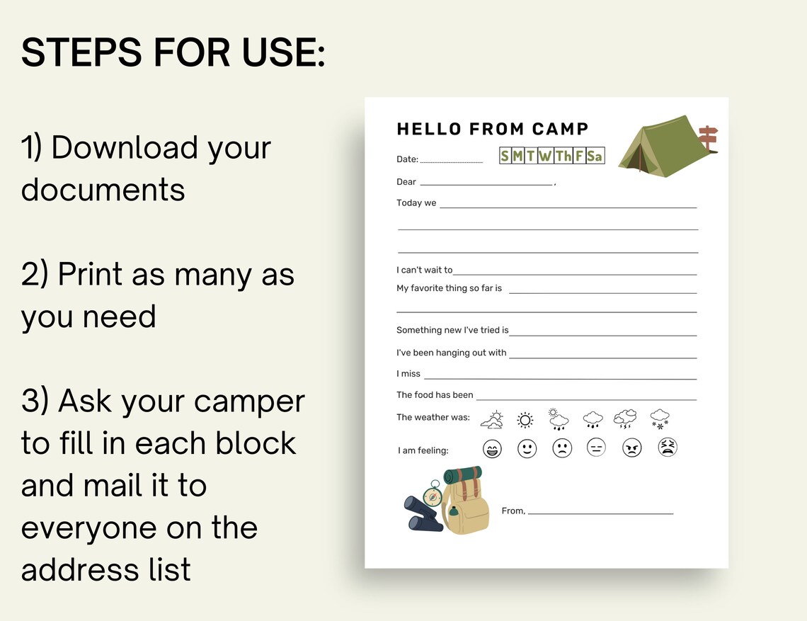 Printable Fill in Camp Letter, Letter From Camp, Hello From Camp PDF, Sleepaway Camp, Horse Camp ...