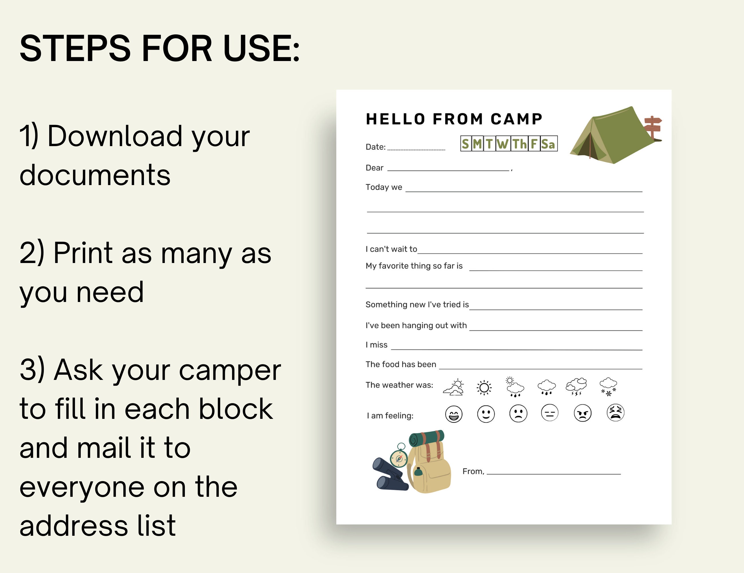 Printable Fill in Camp Letter, Letter From Camp, Hello From Camp PDF ...