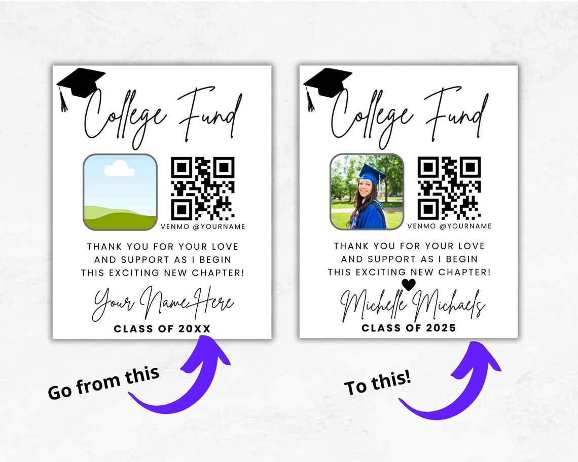 College Fund QR Code Sign Template, Tip the Graduate, Senior Photo ...