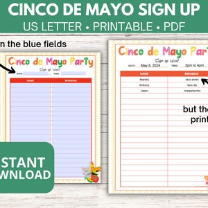 Sign up Sheet Template for Cinco De Mayo Party, Mexican Food Potluck ...
