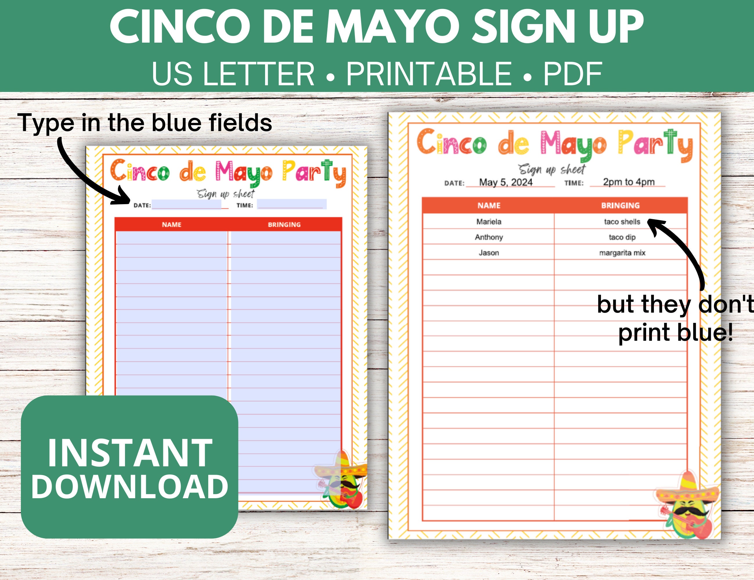 Sign up Sheet Template for Cinco De Mayo Party, Mexican Food Potluck ...