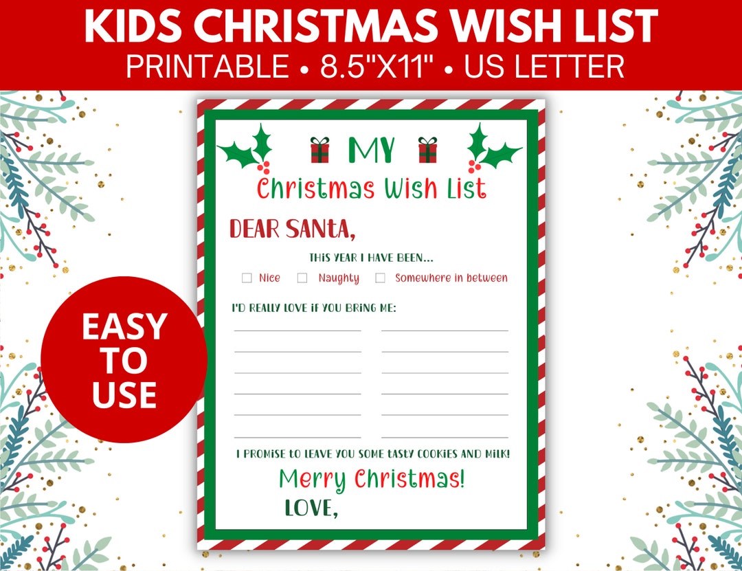 Christmas Wish List for Kids Printable, Letters to Santa, Simple ...