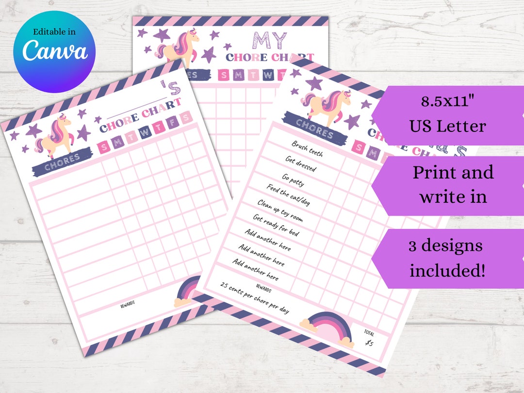 Unicorn Chore Chart Template for Kids, Personalized Unicorn to Do List ...