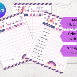 Unicorn Chore Chart Template for Kids, Personalized Unicorn to Do List ...