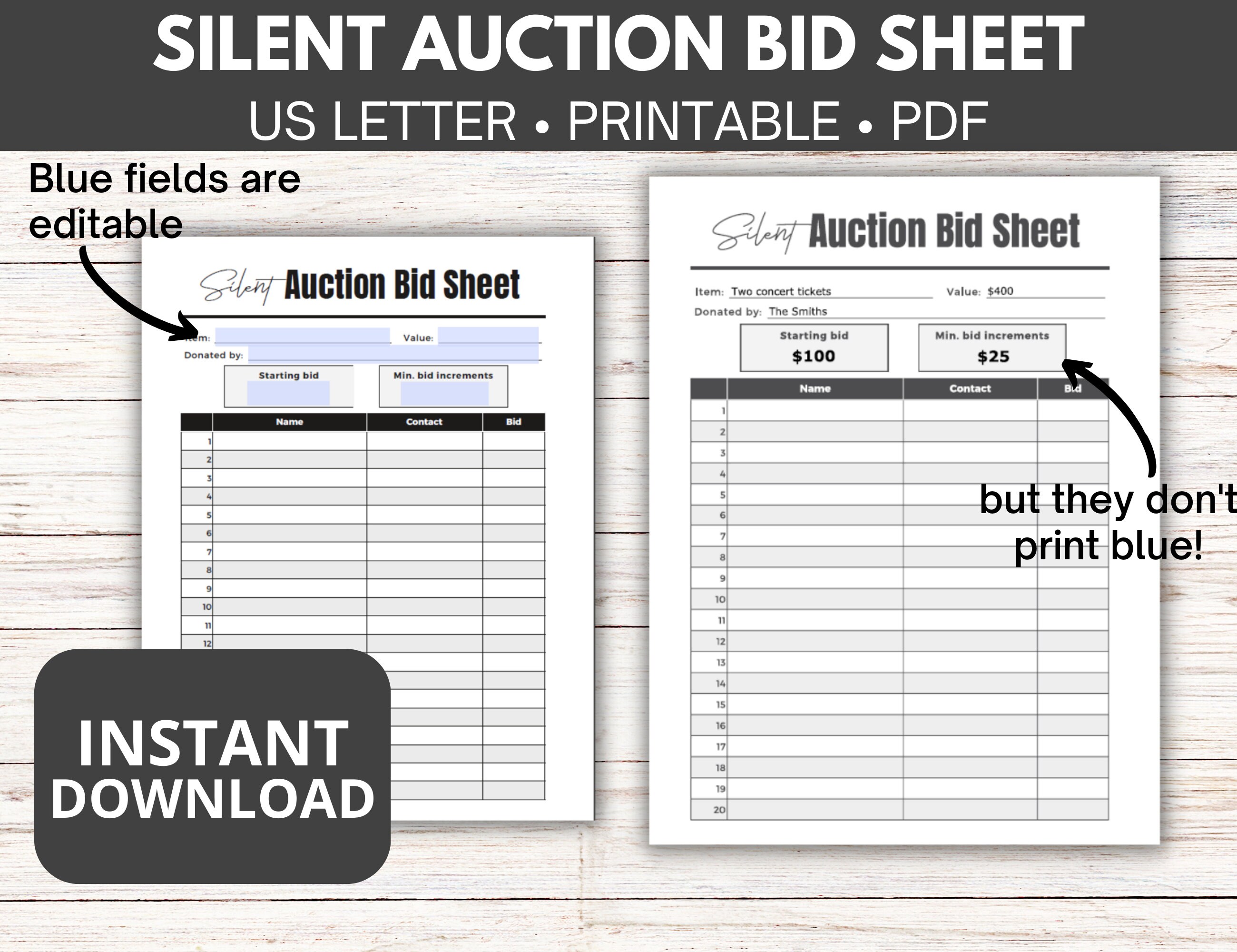 Editable Silent Auction Bid Sheet, Bid Template, PTA Fundraiser Idea ...