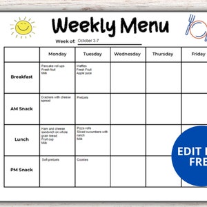 Weekly Menu Template for Daycare, Home Daycare Meal Planning Form ...