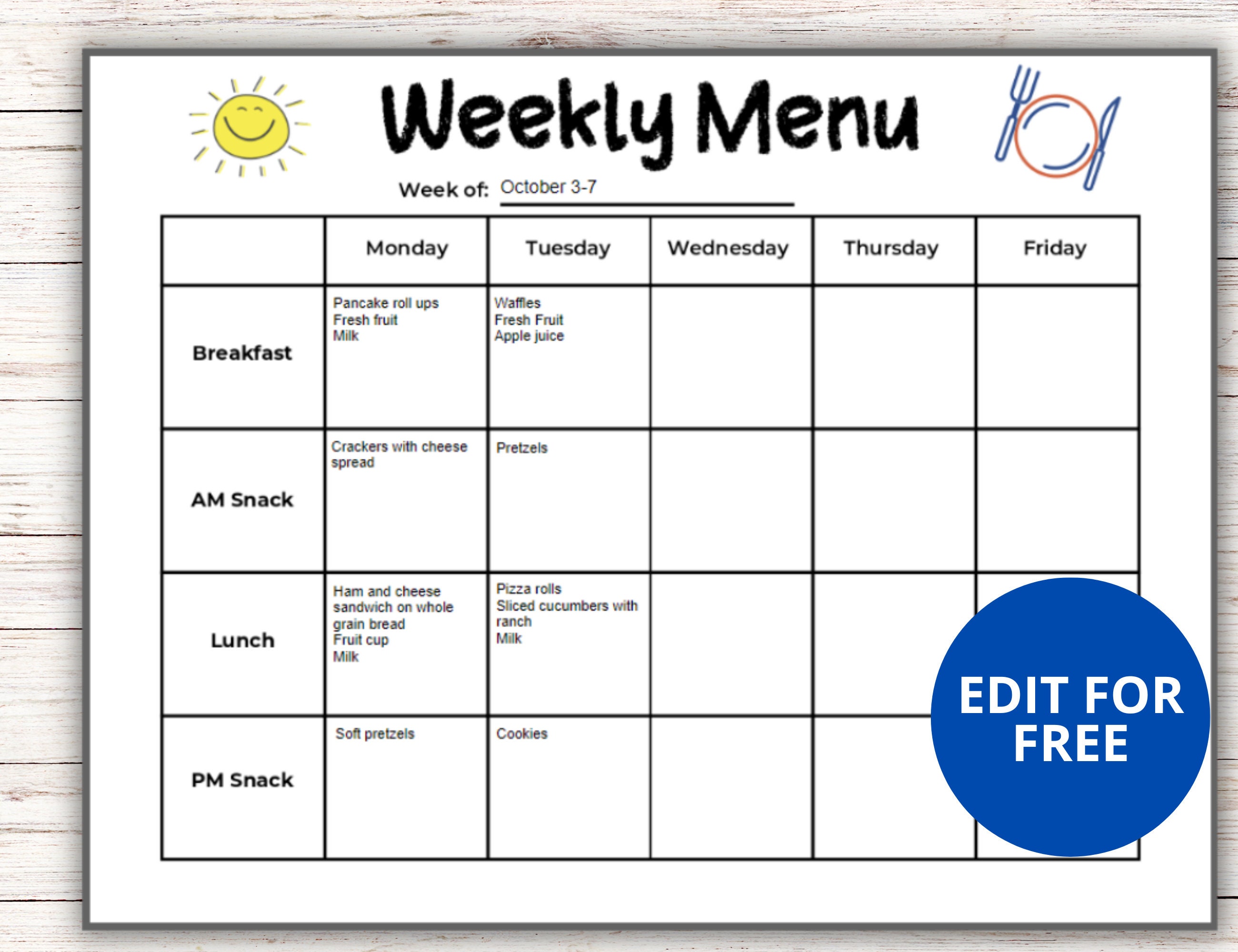 Weekly Menu Template for Daycare, Home Daycare Meal Planning Form ...