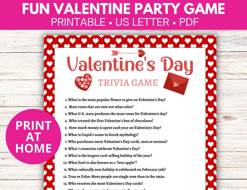 Valentine's Trivia Printable, Valentine Party Printables for Kids ...