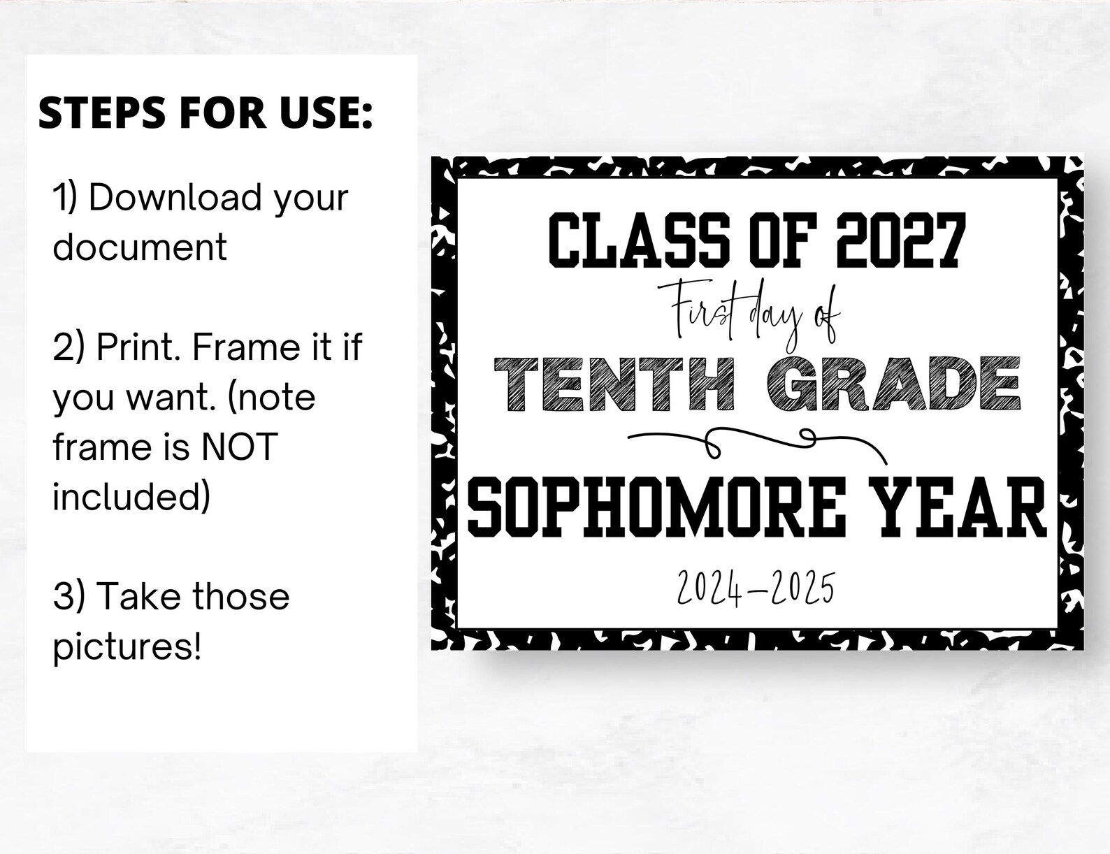 First Day of 10th Grade Sign Printable, Class of 2027 Sophomore Year, Back to School 2024 2025 ...