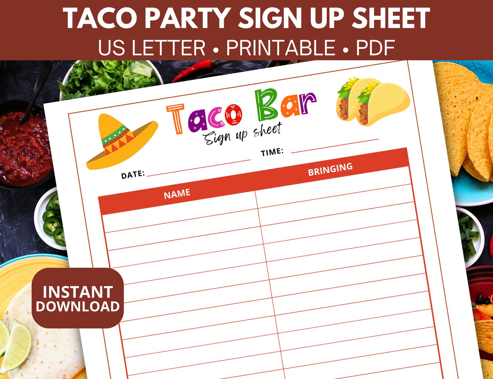Sign up Sheet Template for Taco Bar, Printable Taco Party Sign Up ...