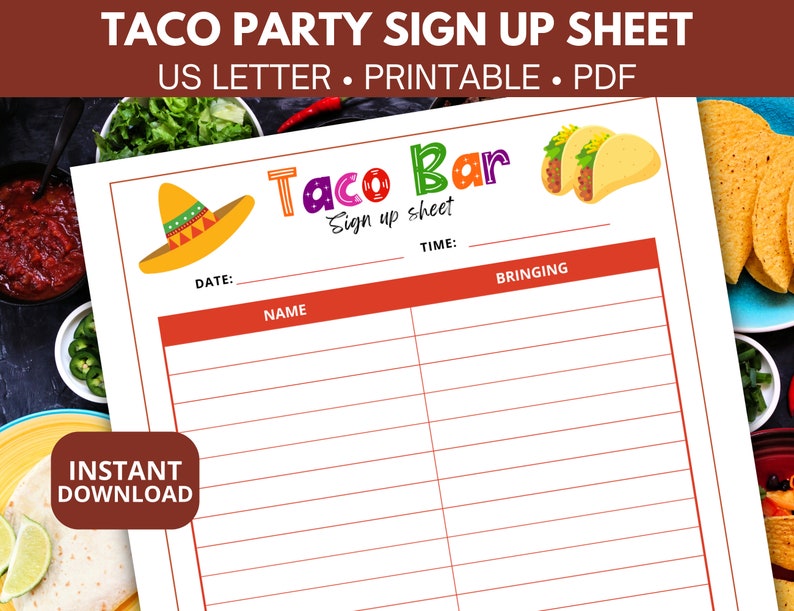 Sign up Sheet Template for Taco Bar, Printable Taco Party Sign Up ...
