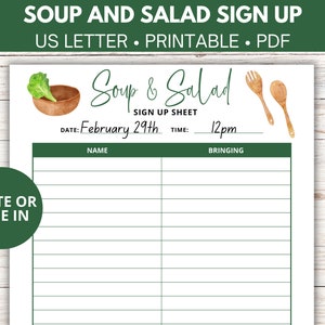 Soup and Salad Sign up Sheet Template, Potluck Sign up Sheet, Printable ...