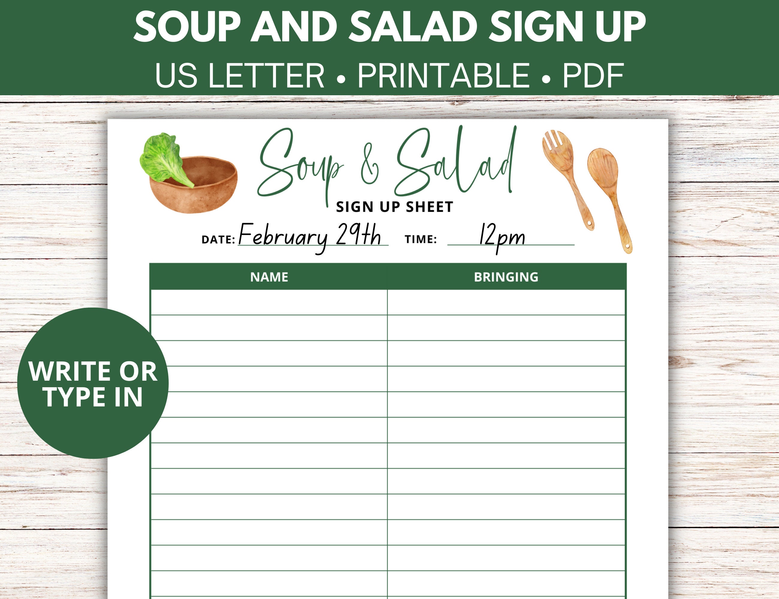 Soup and Salad Sign up Sheet Template, Potluck Sign up Sheet, Printable ...