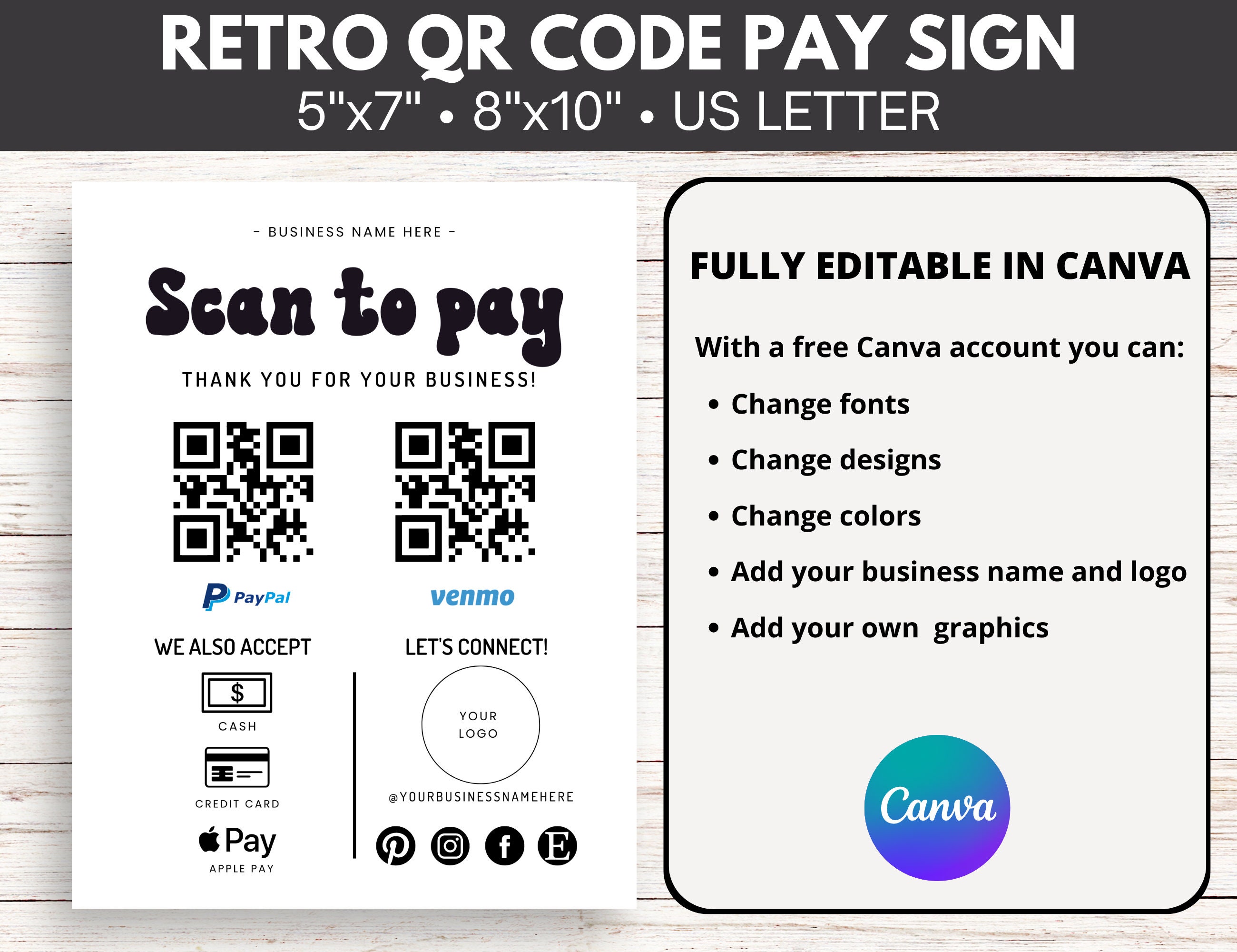 Retro Payment Method Sign Template, Editable Scan to Pay Sign, QR Code ...