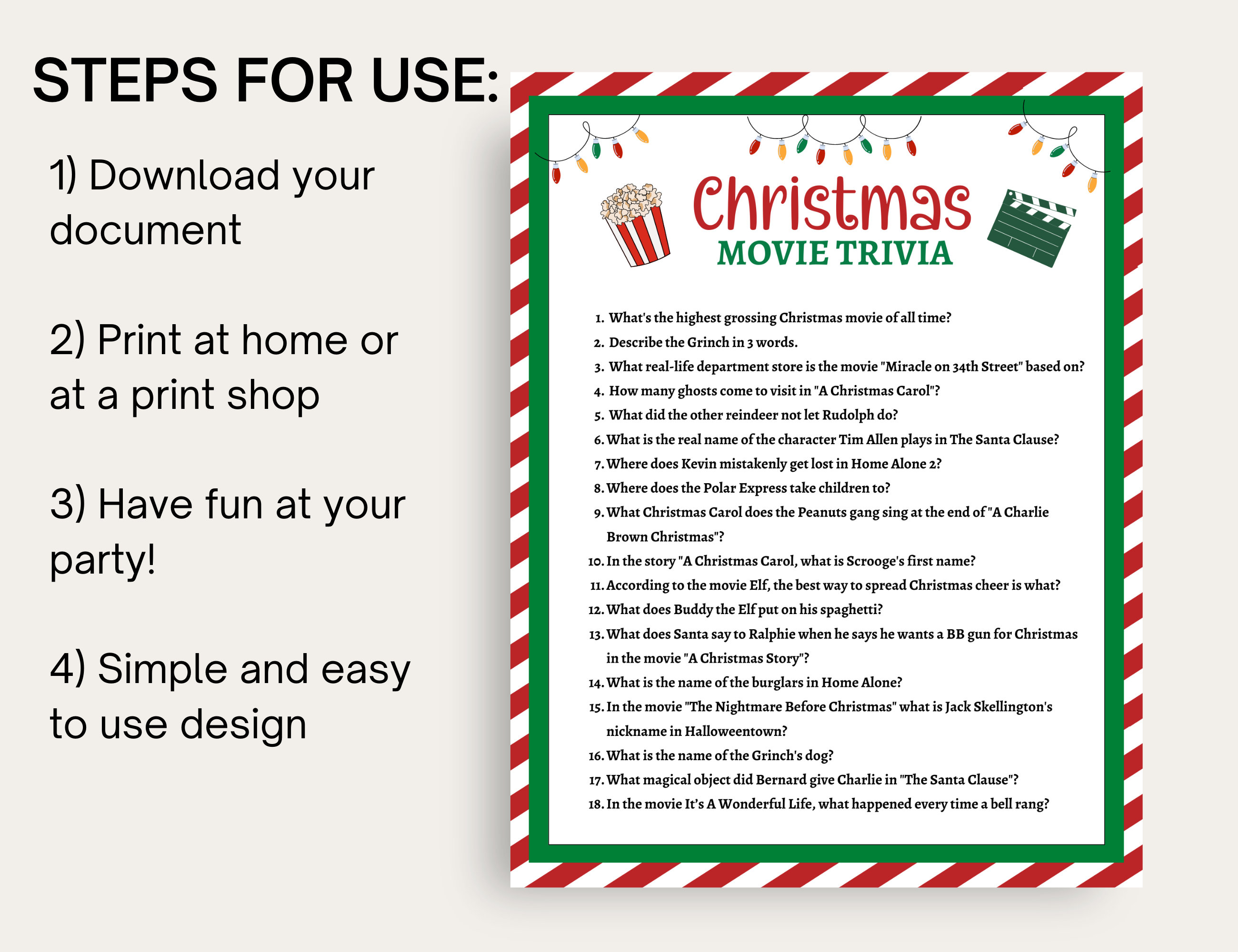 Christmas Movie Printable Trivia Questions, Holiday Movie Game ...