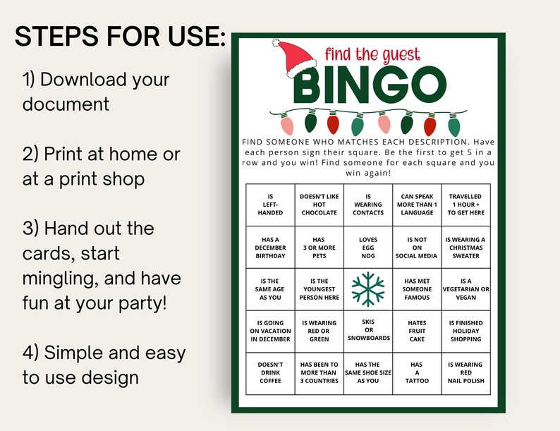 Christmas Mix and Mingle Bingo, Printable Holiday Party Find the Guest ...