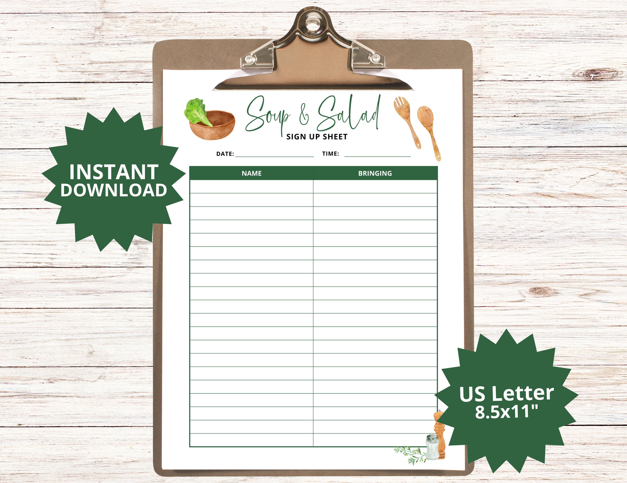 Soup and Salad Sign up Sheet Template, Potluck Sign up Sheet, Printable ...