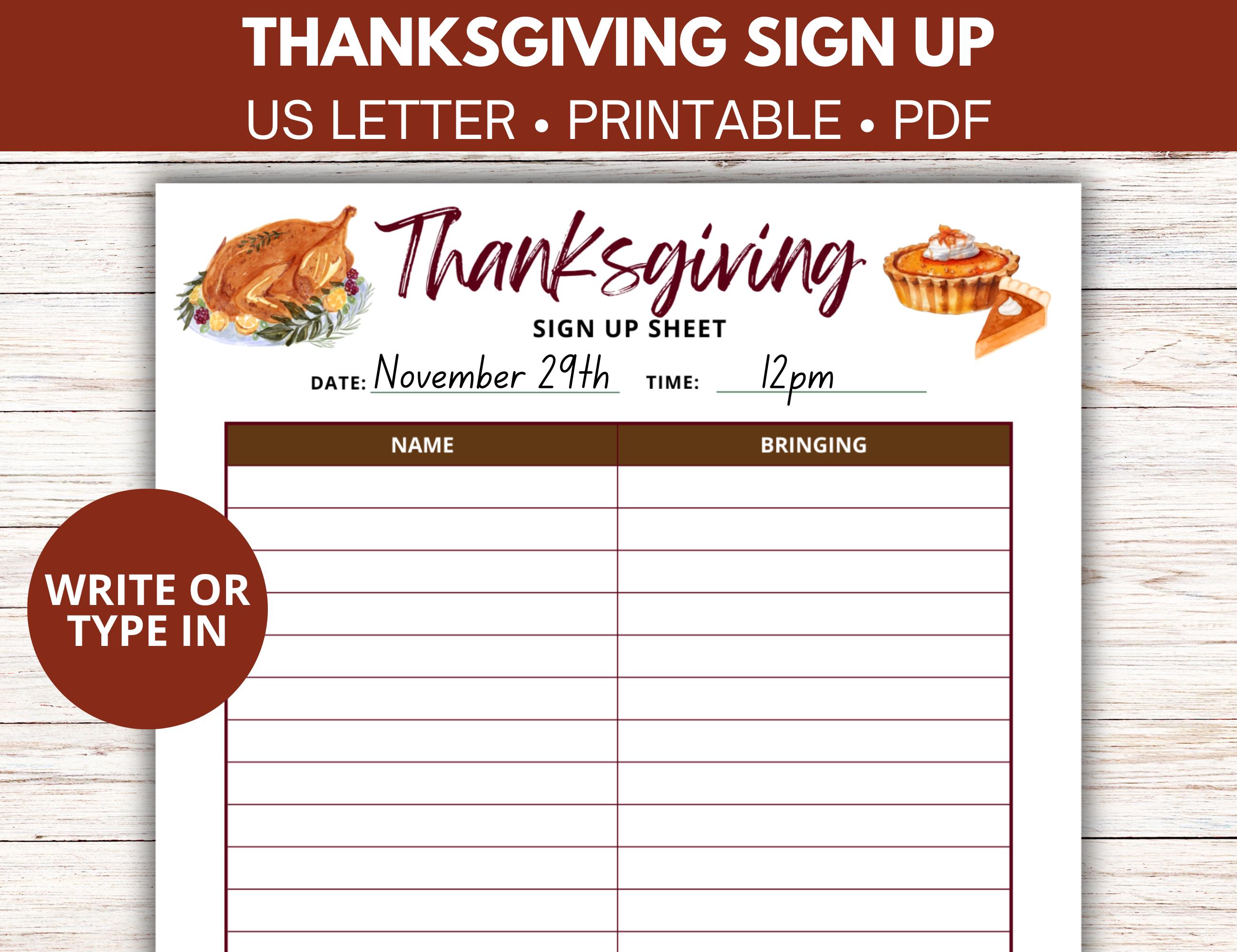 Thanksgiving Sign up Sheet Template, Friends Thanksgiving Party, Family ...