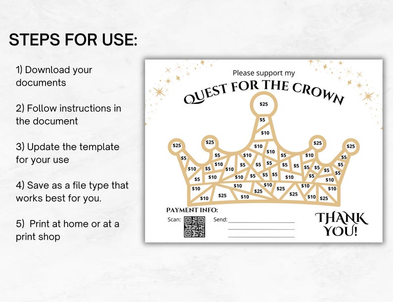 Pageant Fundraiser Template, QR Code, Editable Fill My Crown Form ...