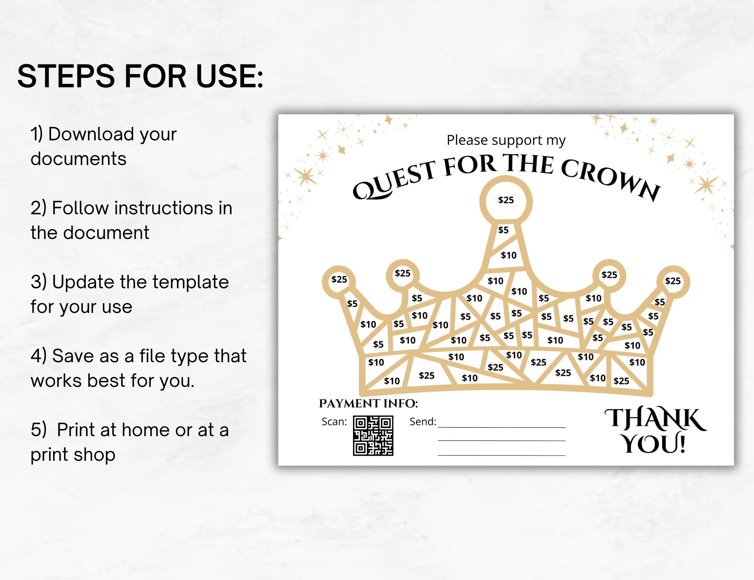 Pageant Fundraiser Template, QR Code, Editable Fill My Crown Form ...