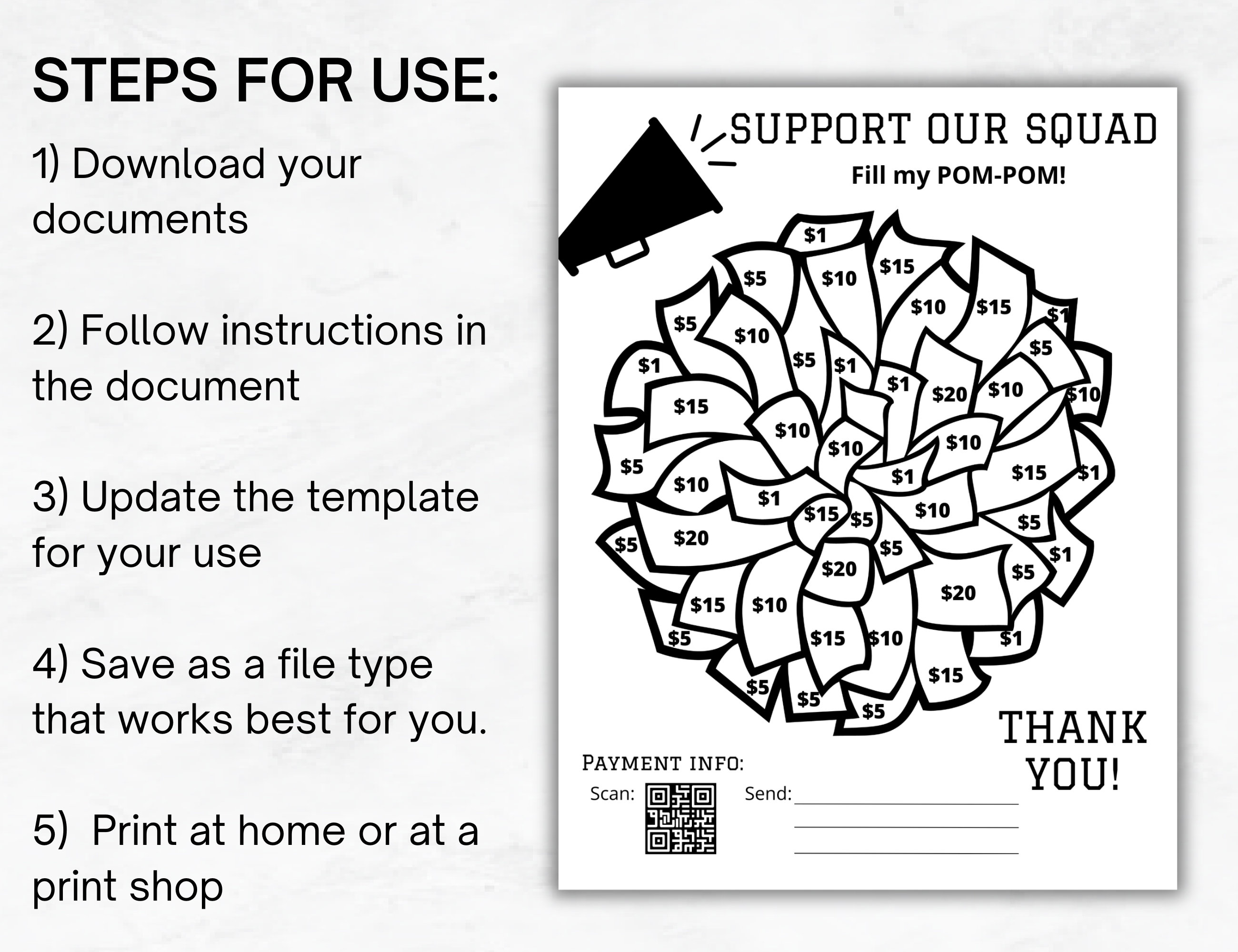Cheer Fundraiser Template W QR Code, Editable Fill My Pom Pom, Cheer ...