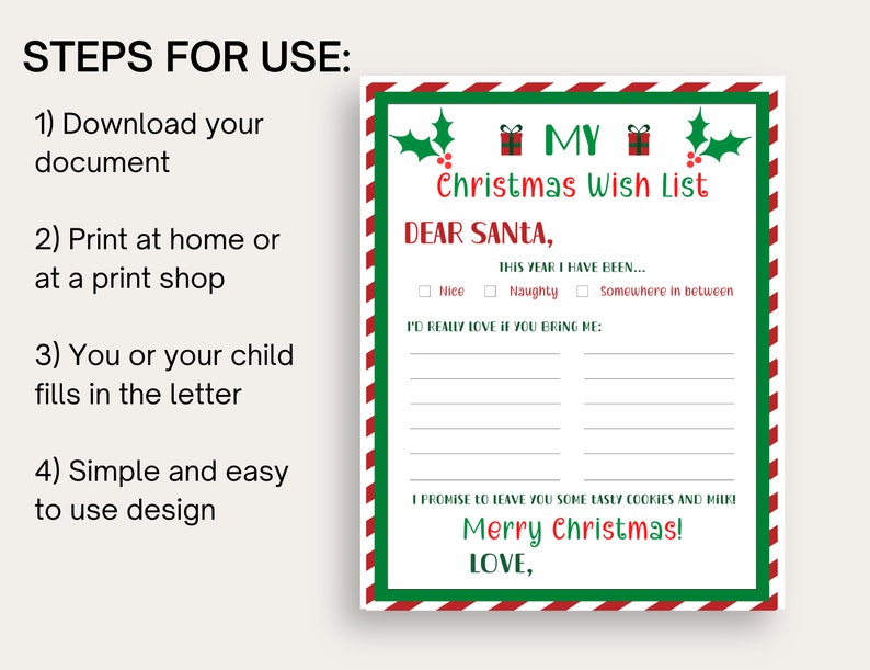 Christmas Wish List for Kids Printable, Letters to Santa, Simple ...