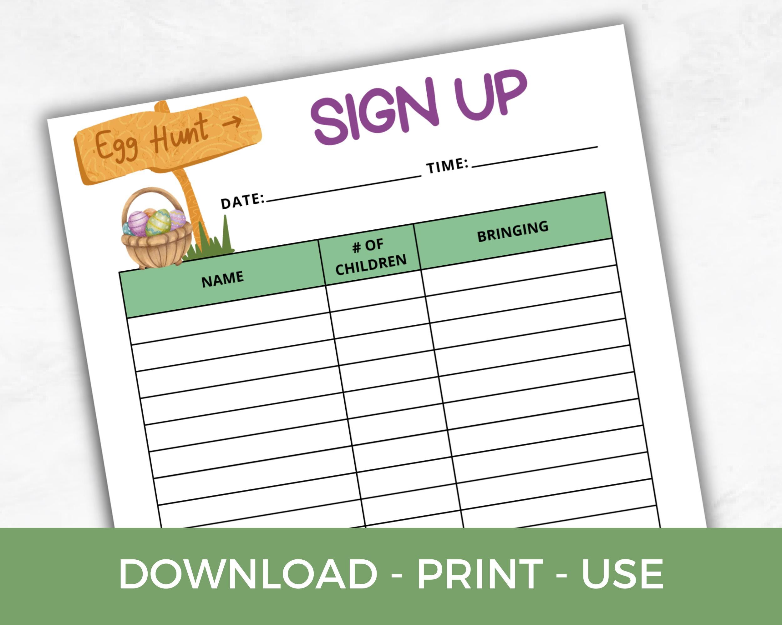 Easter Egg Hunt Sign up Sheet, Neighborhood Egg Hunt, Printable Kids ...