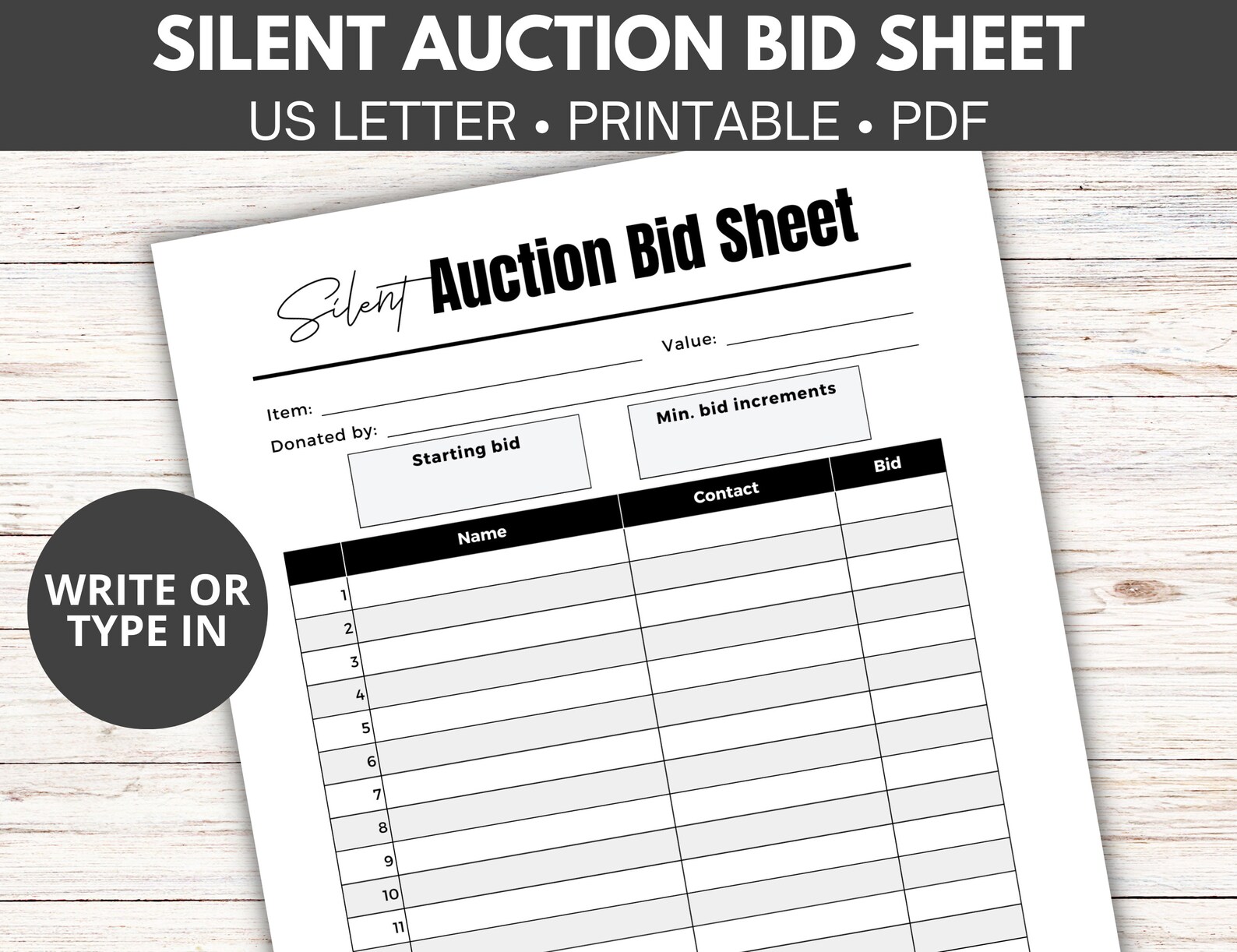 Editable Silent Auction Bid Sheet, Bid Template, PTA Fundraiser Idea ...