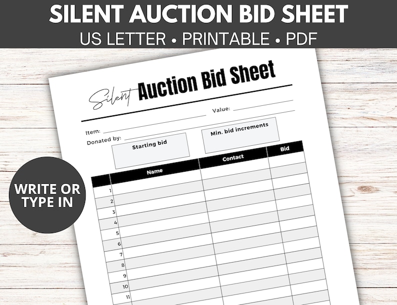 Editable Silent Auction Bid Sheet, Bid Template, PTA Fundraiser Idea ...