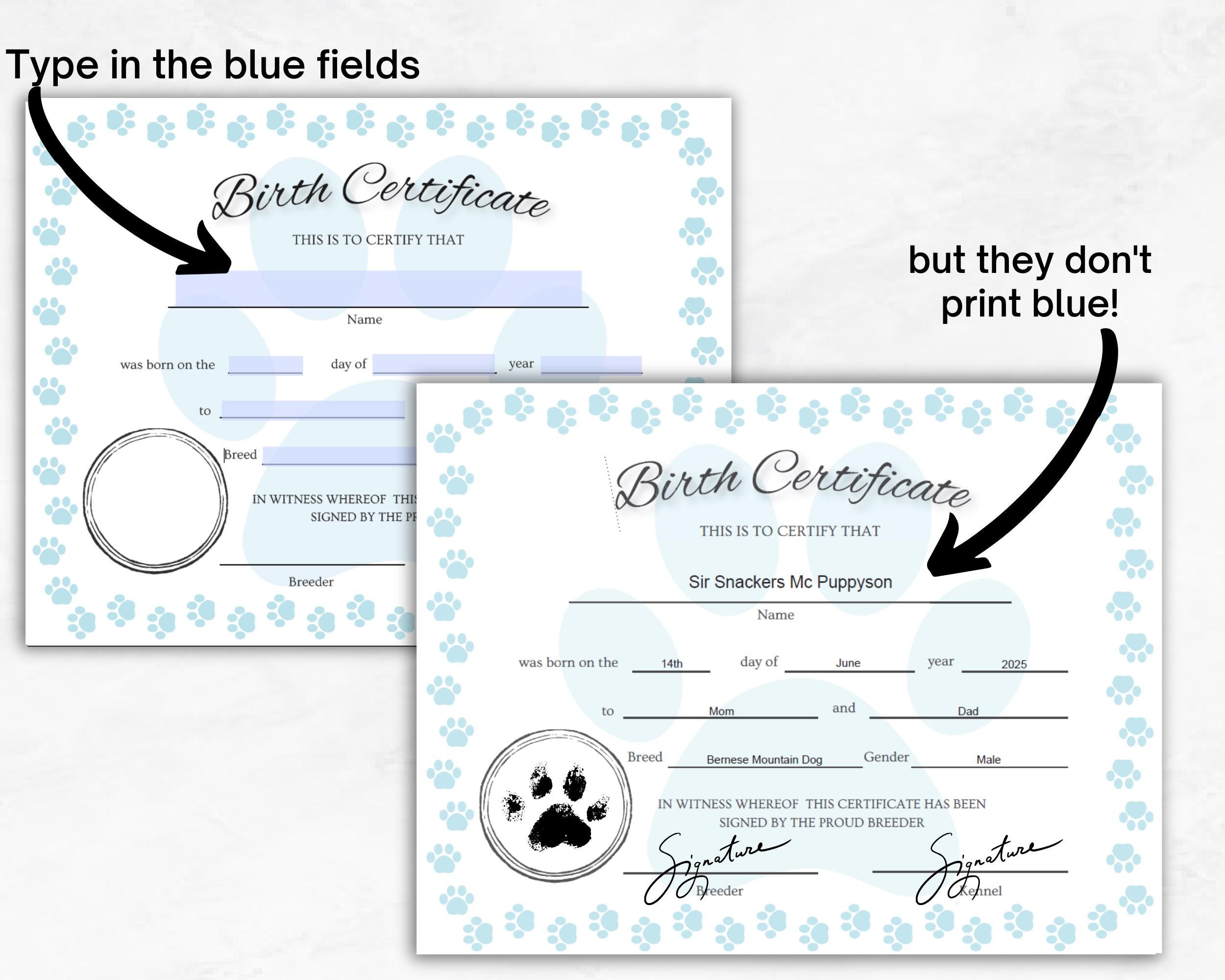 Puppy Birth Certificate Fillable Template, Printable Pet Keepsake With ...